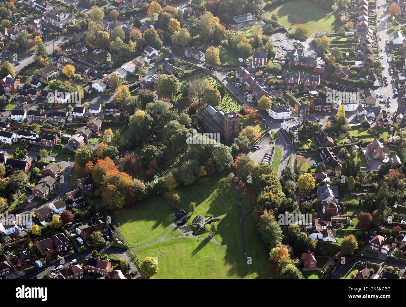 Aerial view of the centre of Frodsham, a small market town in Cheshire ...
