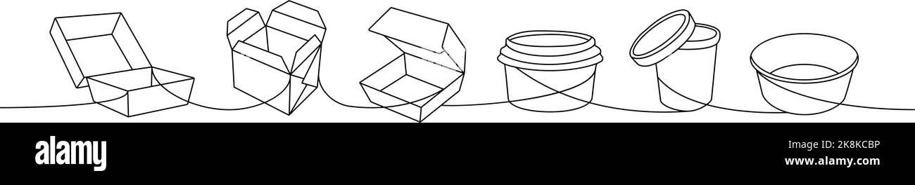 Takeaway Cardboard Boxes Set One Line Continuous Drawing Empty Cardboard Boxes Bags For