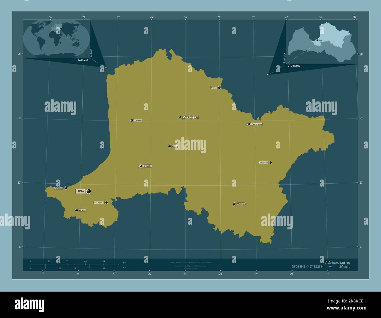Vidzeme, province of Latvia. Solid color shape. Locations and names of ...