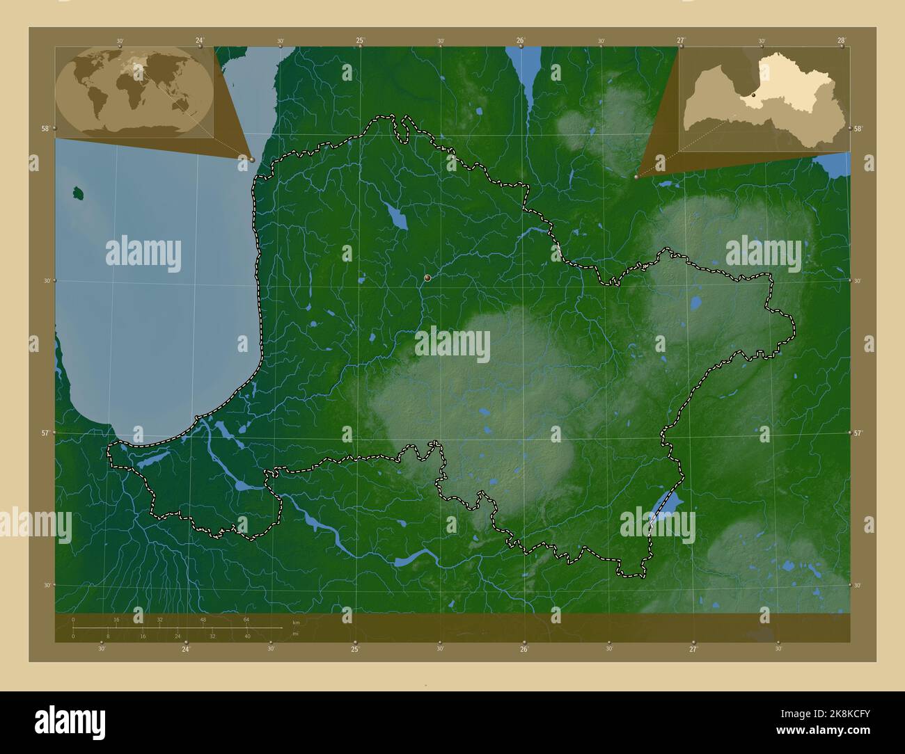 Vidzeme, province of Latvia. Colored elevation map with lakes and ...
