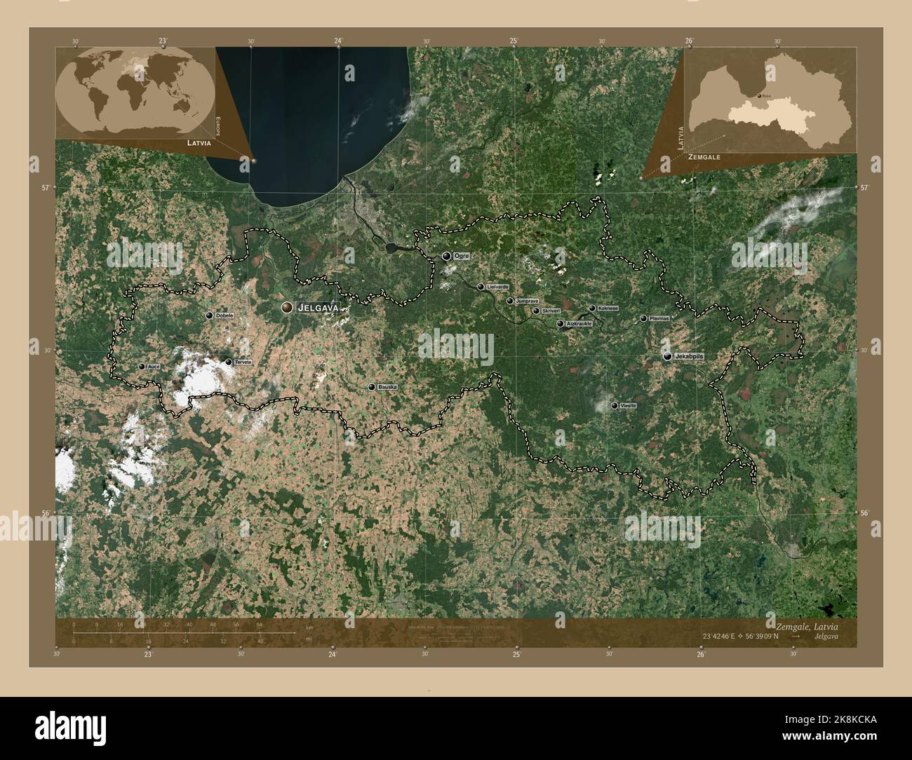 Zemgale, province of Latvia. Low resolution satellite map. Locations ...