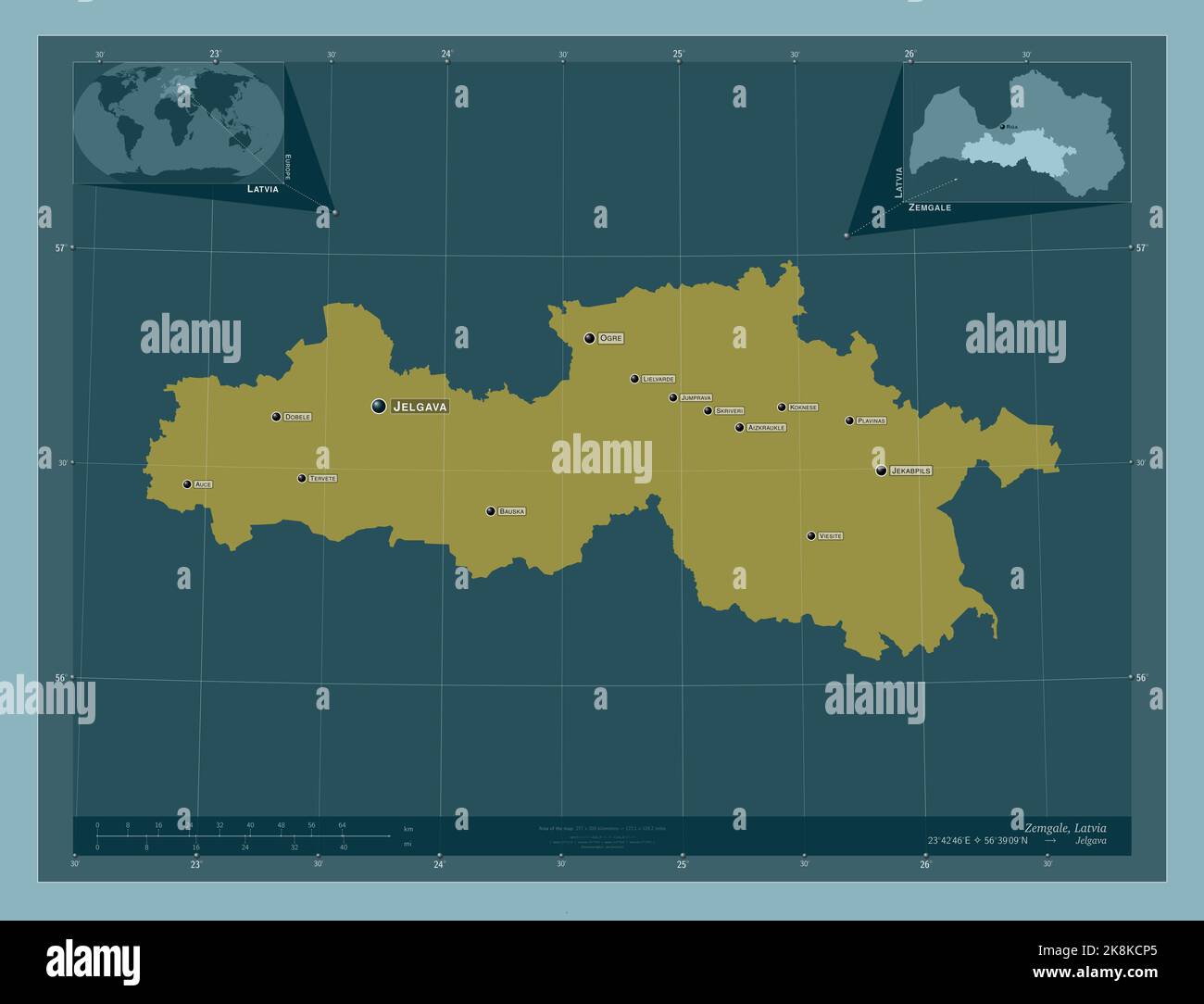 Zemgale, province of Latvia. Solid color shape. Locations and names of ...