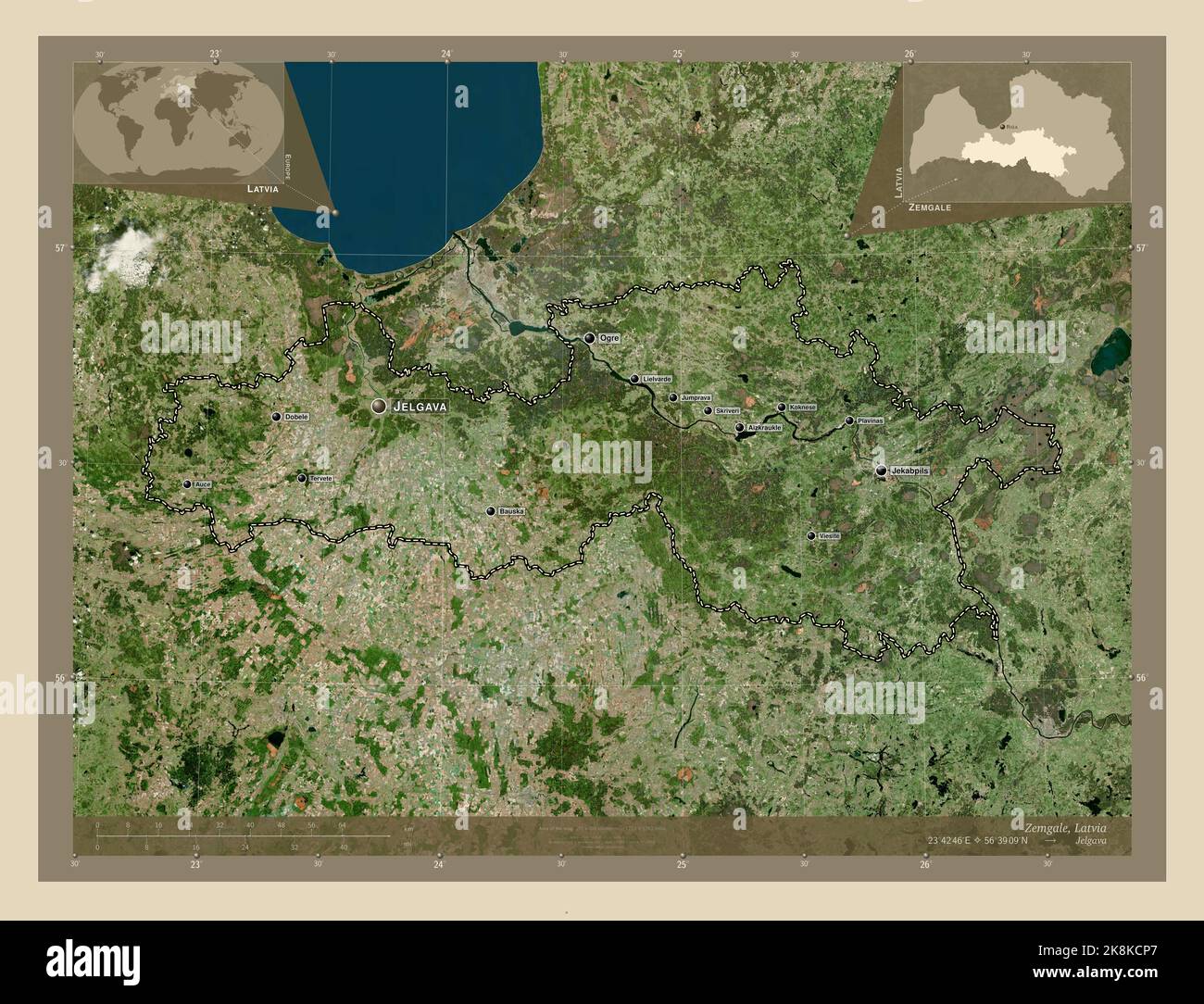 Zemgale, province of Latvia. High resolution satellite map. Locations ...