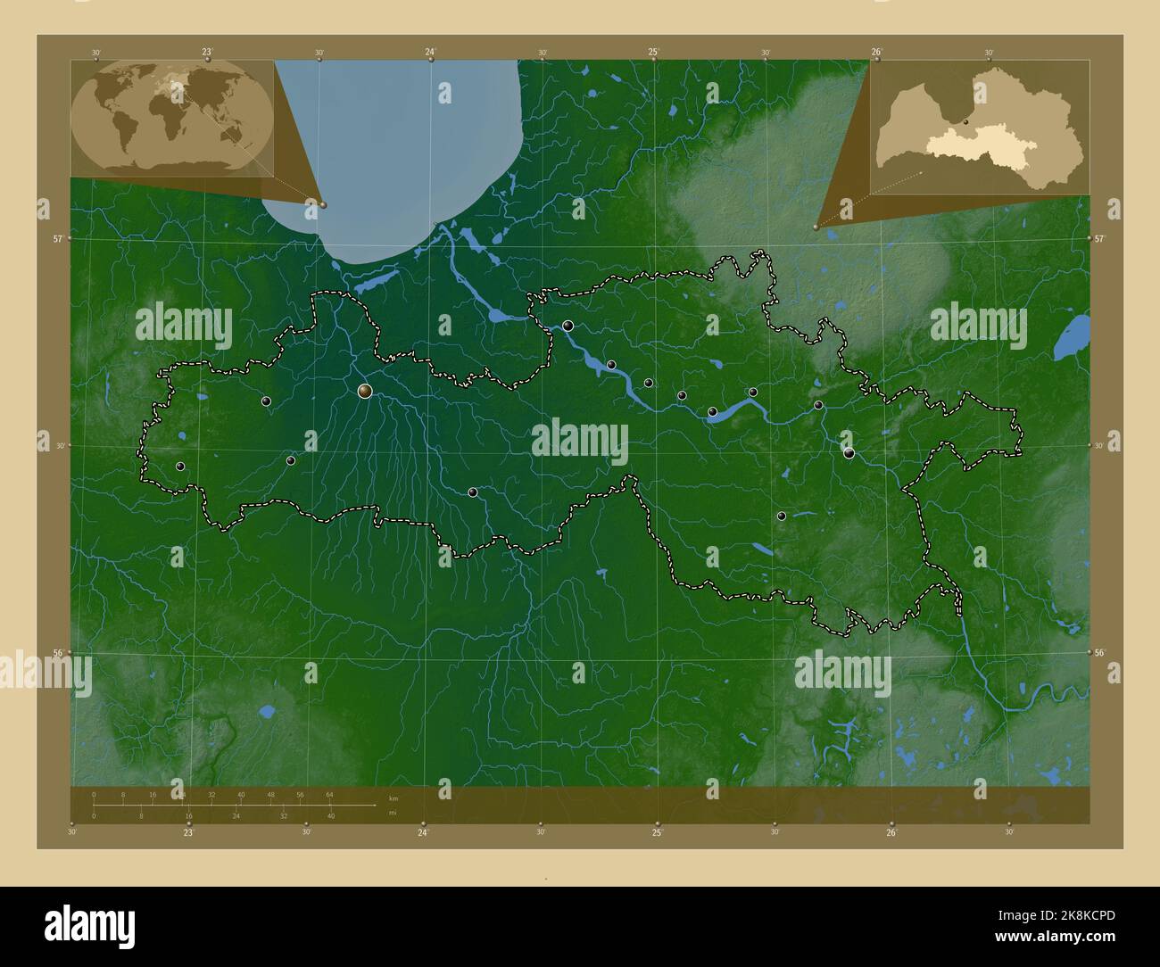 Zemgale, province of Latvia. Colored elevation map with lakes and ...