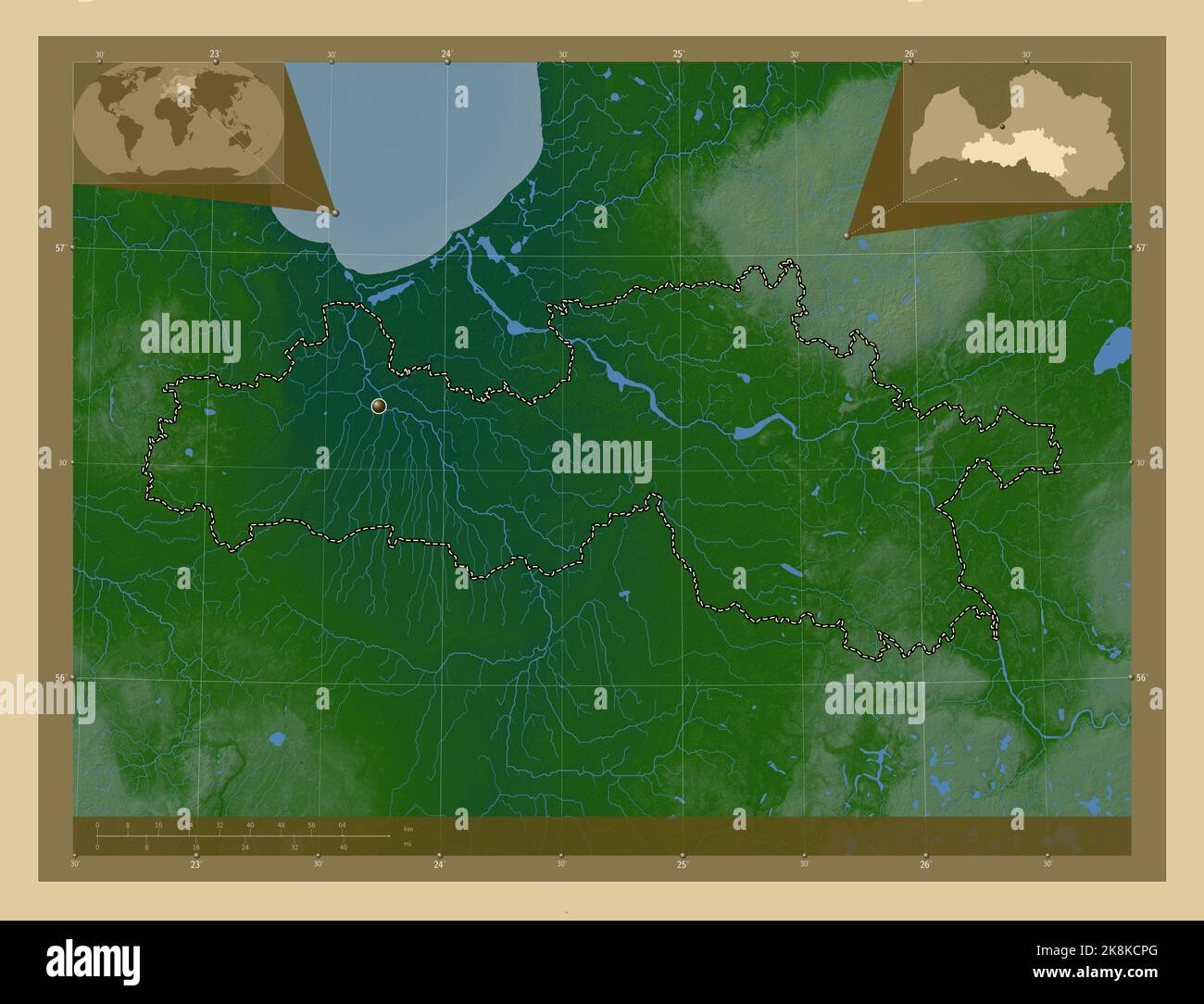 Zemgale, province of Latvia. Colored elevation map with lakes and ...