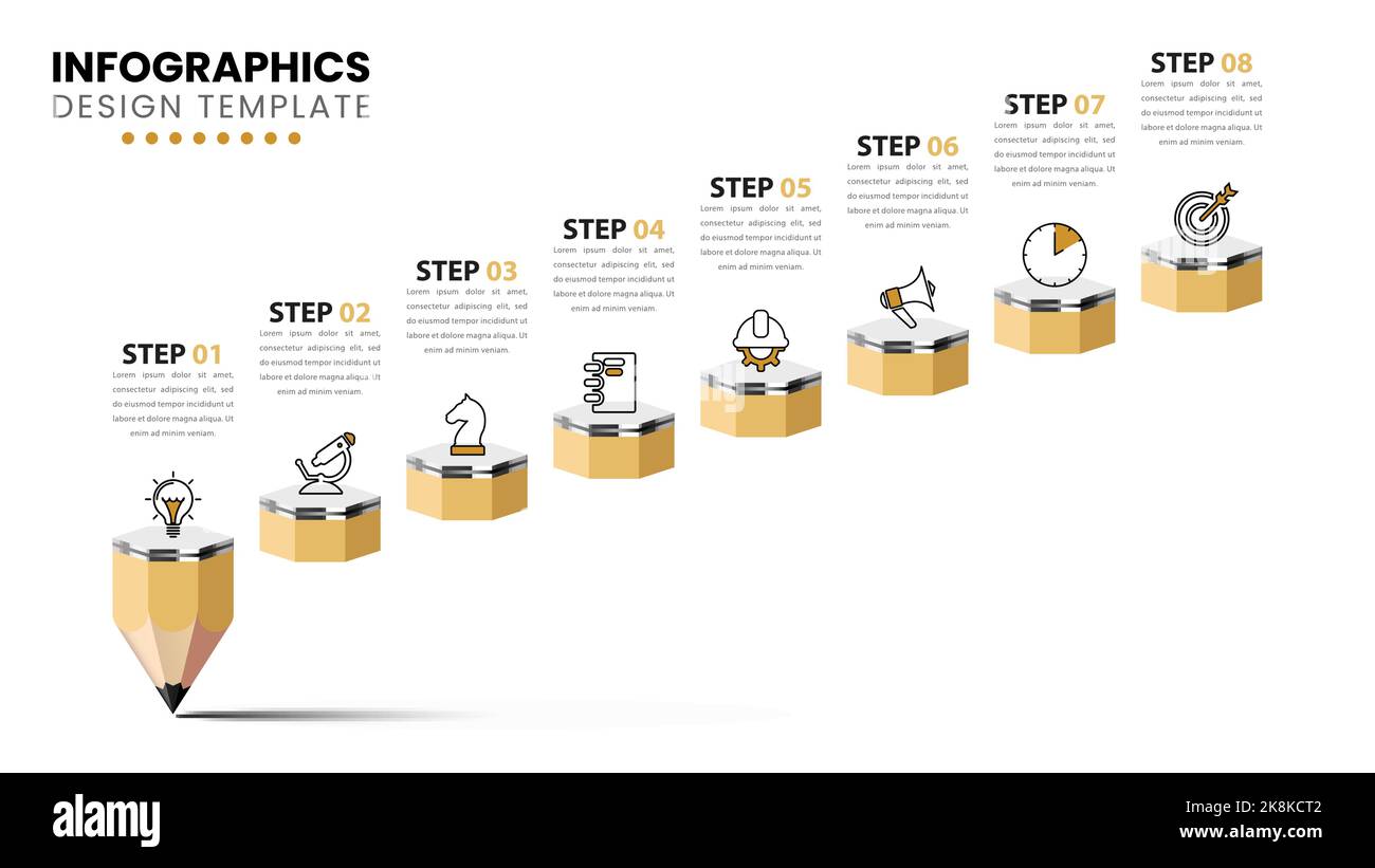 Infographic template with icons and 8 options or steps. Pencil. Can be ...
