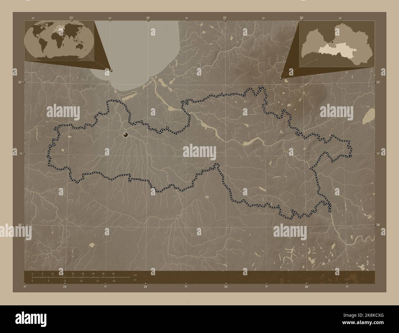 Zemgale, province of Latvia. Elevation map colored in sepia tones with ...