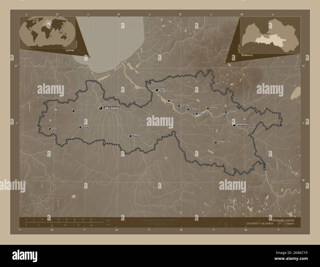 Zemgale, province of Latvia. Elevation map colored in sepia tones with ...