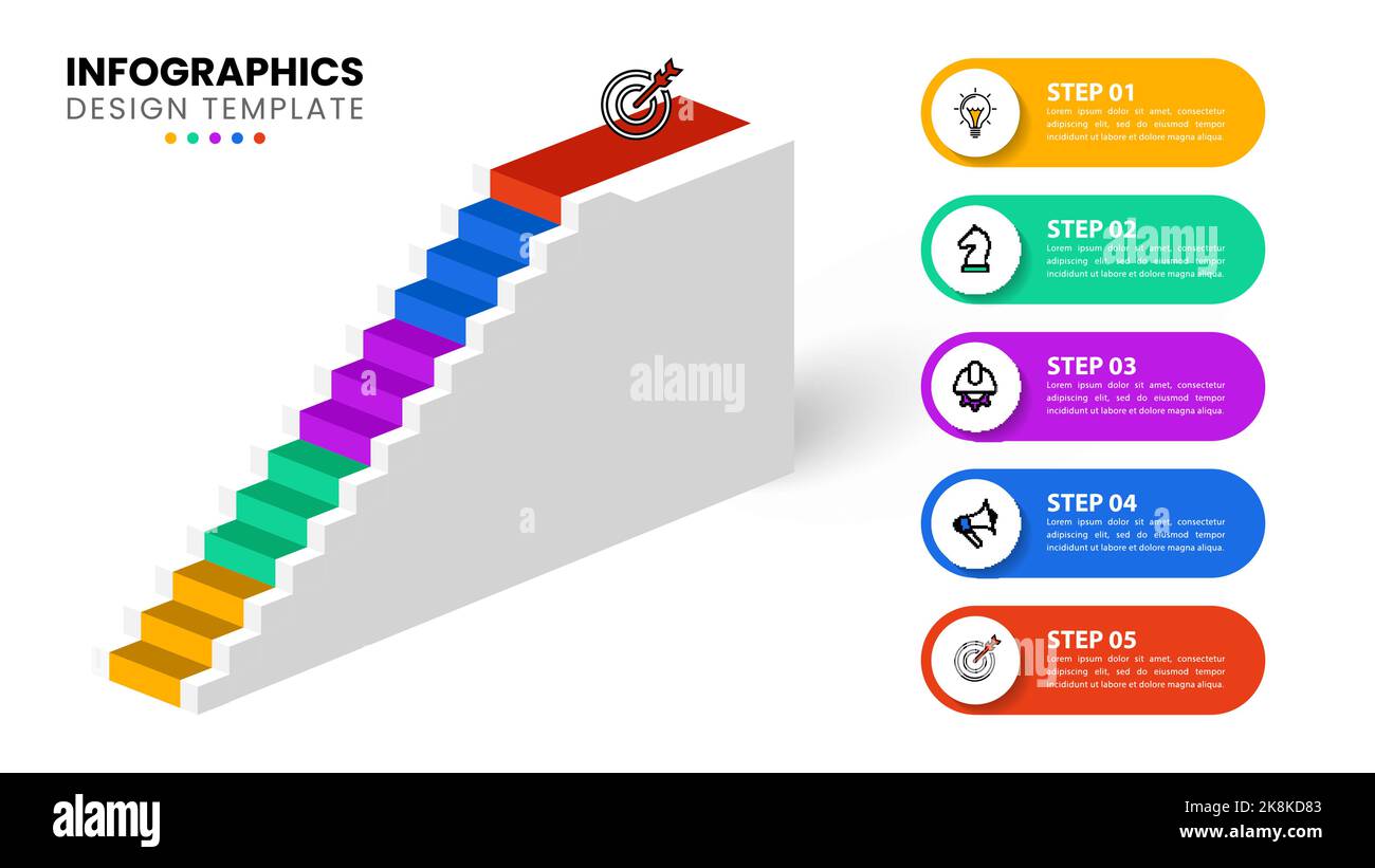Infographic template with icons and 5 options or steps. Staircase. Can ...