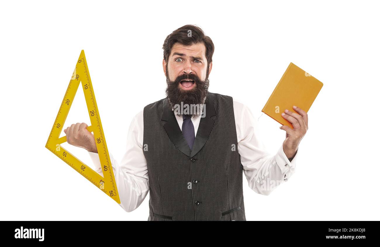 Be wise guy, give math try. Scared man back to school. Bearded man hold ...