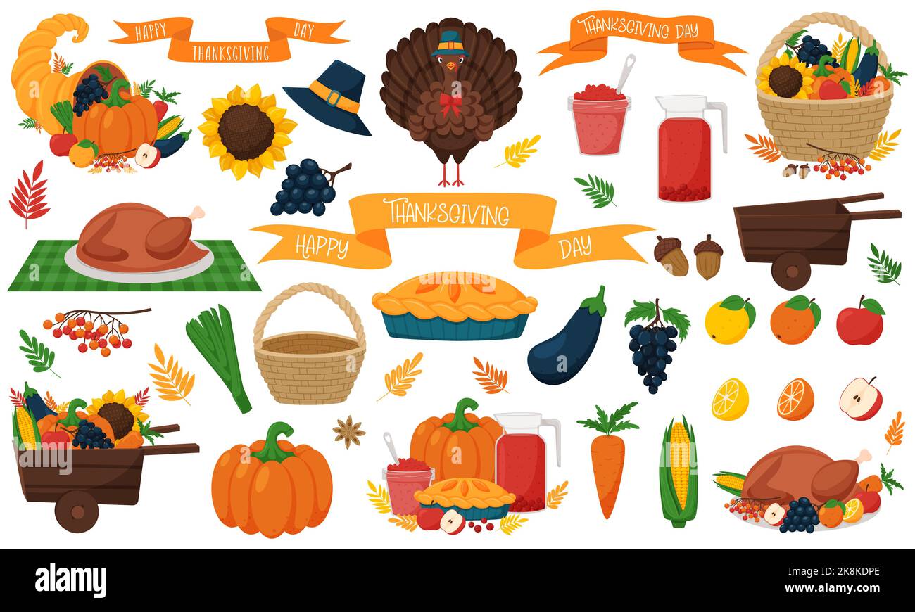 A set of elements and compositions with Thanksgiving symbols. Turkey ...