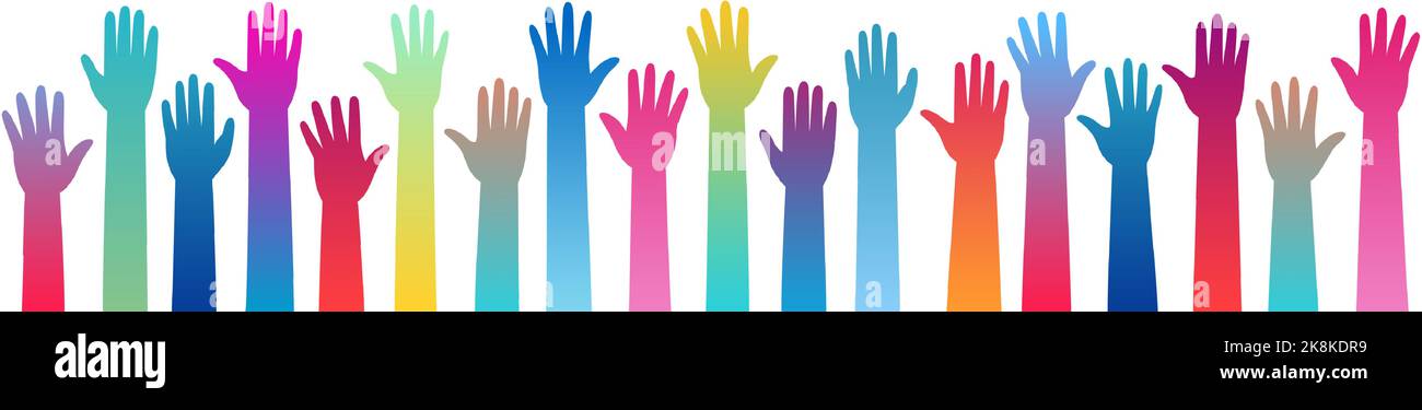 Raised hands. Multicolor gradient hands raised up. Human hands ...