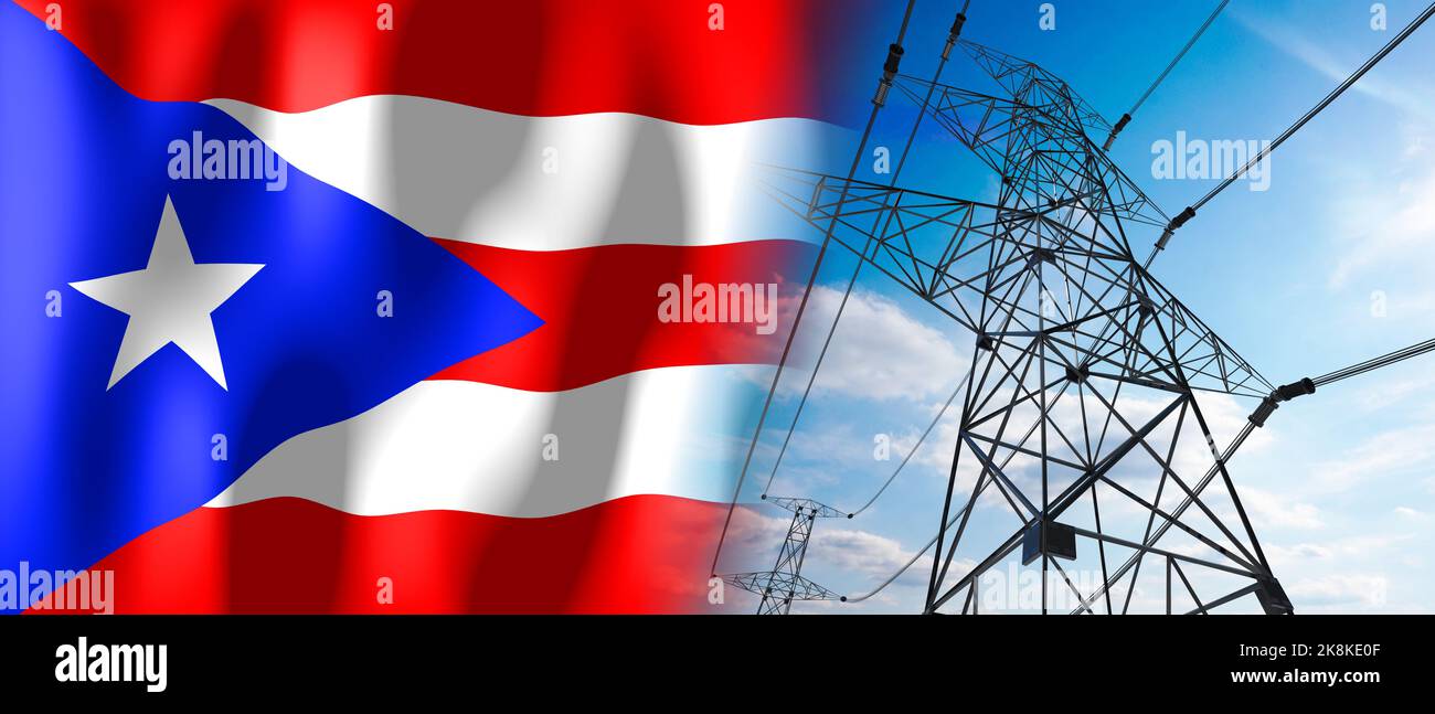 Puerto Rico - country flag and electricity pylons - 3D illustration ...
