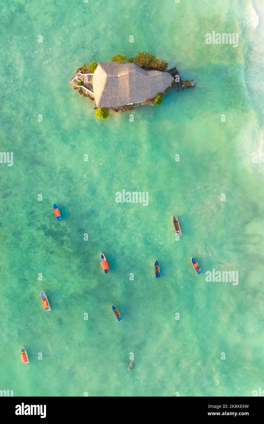 aerial view taken by drone of The Rock, Pingwe, Zanzibar, Tanzania ...