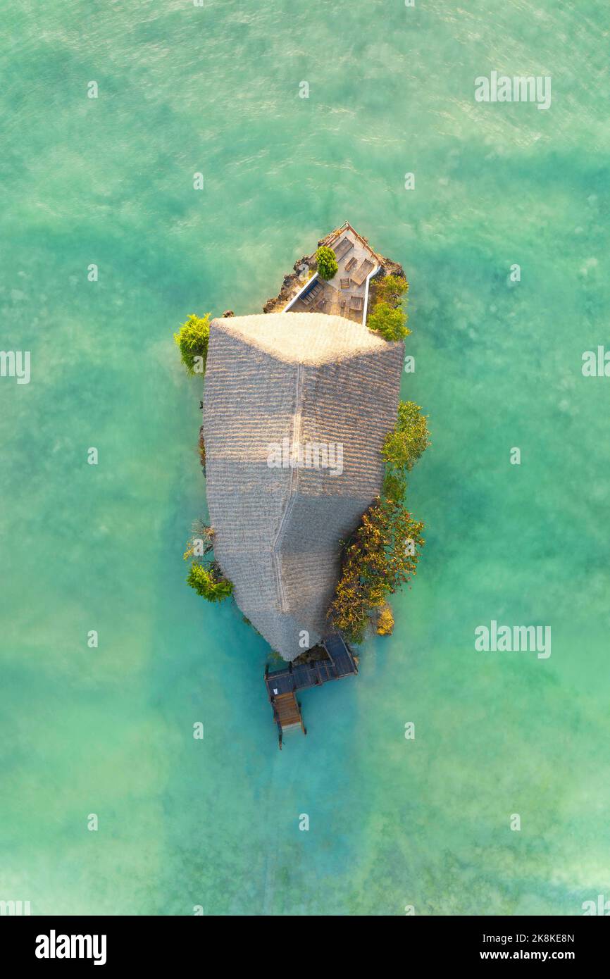 aerial view taken by drone of The Rock, Pingwe, Zanzibar, Tanzania ...