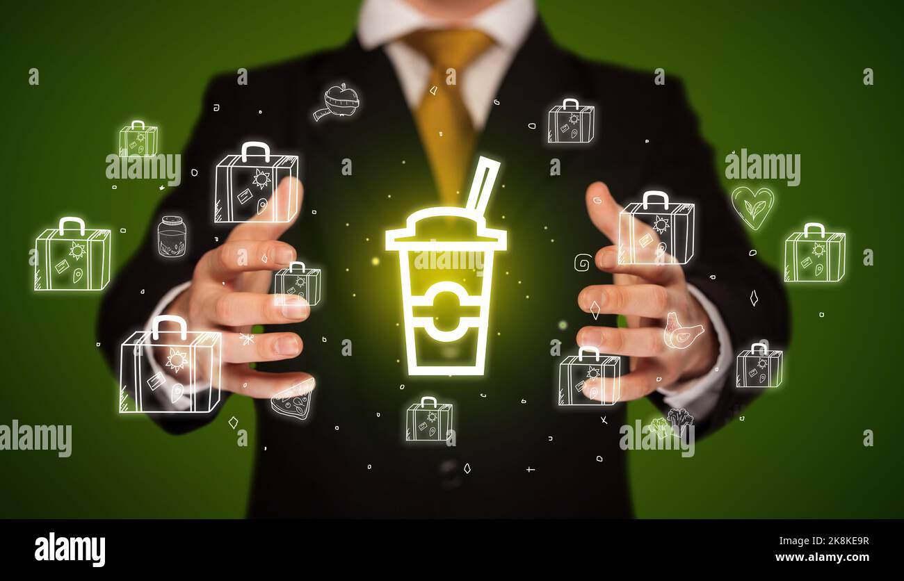 Hand holding food related icons Stock Photo - Alamy