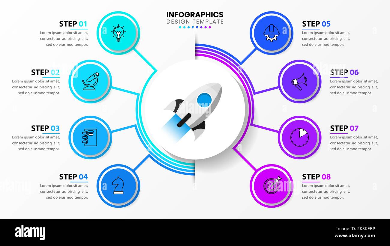 Infographic template with icons and 8 options or steps. Rocket. Can be ...