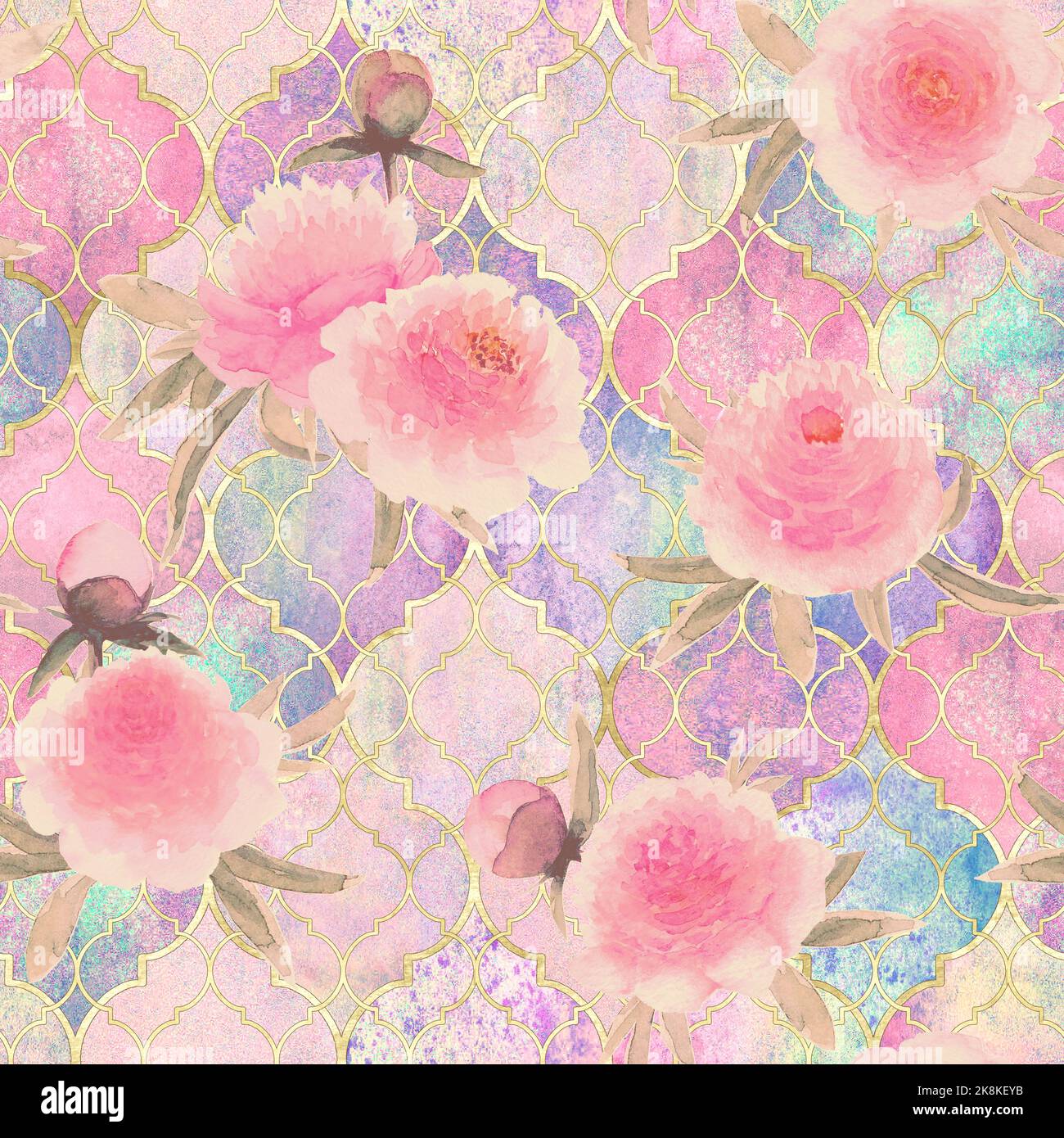 Vintage floral moroccan seamless pattern with pink peonies flowers and ...