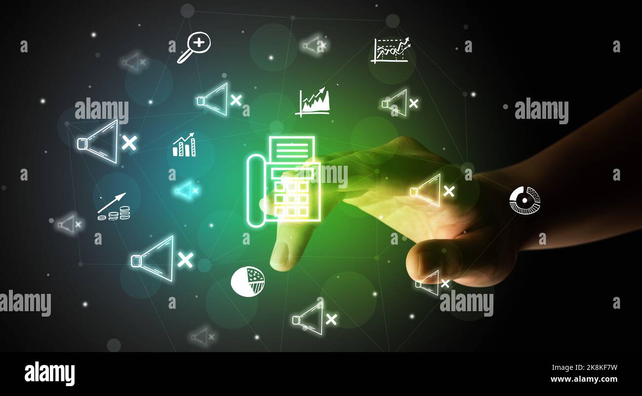 Businessman finger touching on screen multimedia interface with hand ...