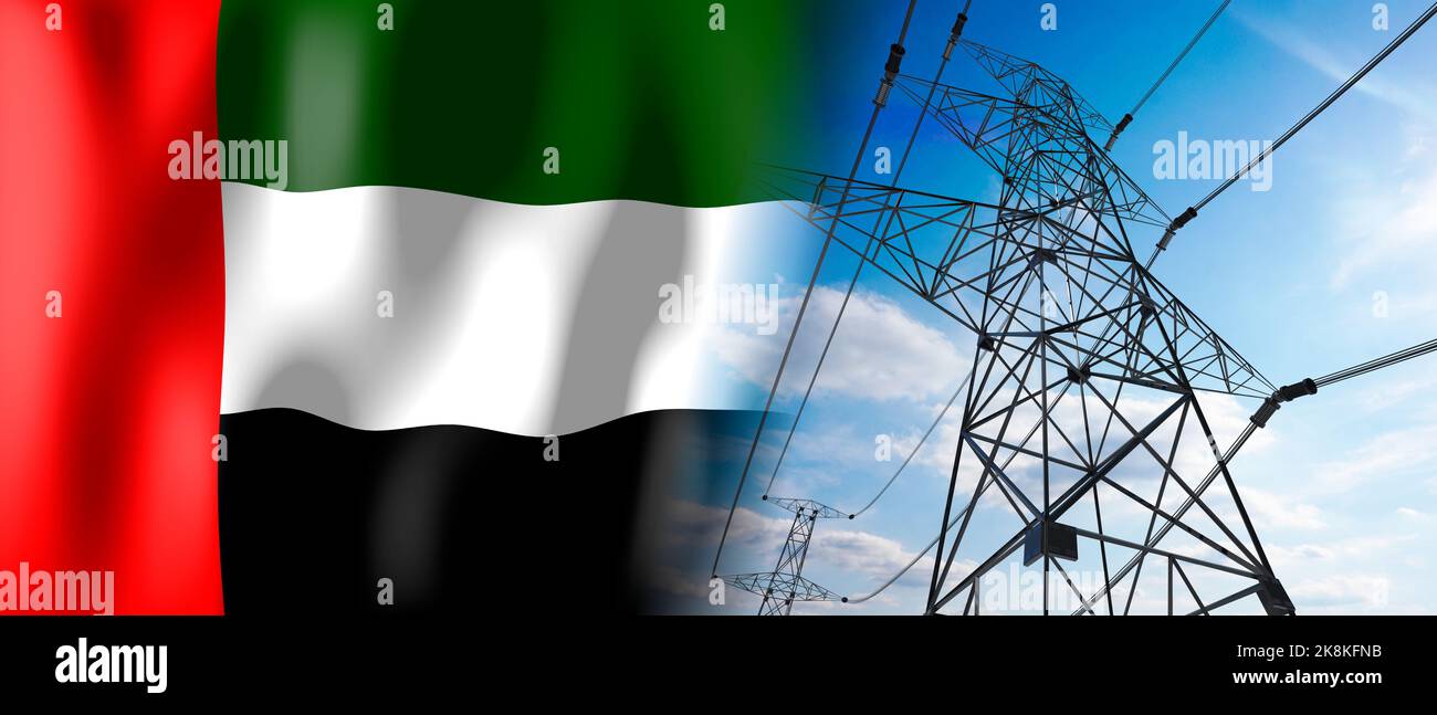 United Arab Emirates - country flag and electricity pylons - 3D ...