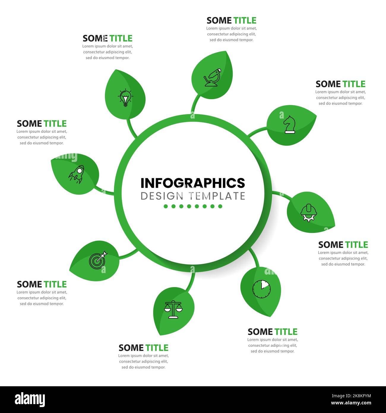 Infographic template with icons and 8 options or steps. Green circle ...