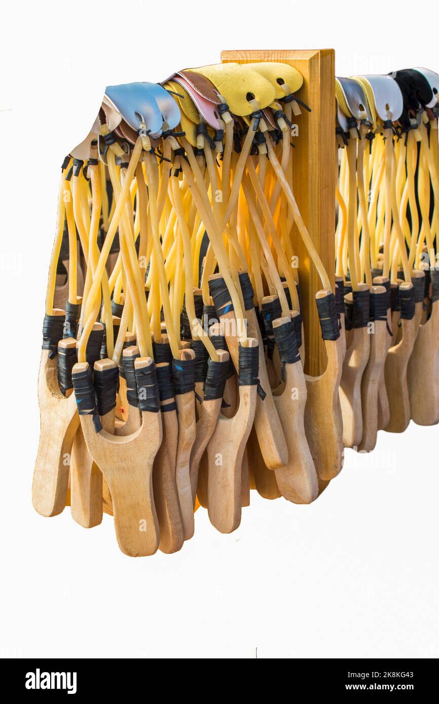 Home made wooden slingshot weapon Stock Photo - Alamy