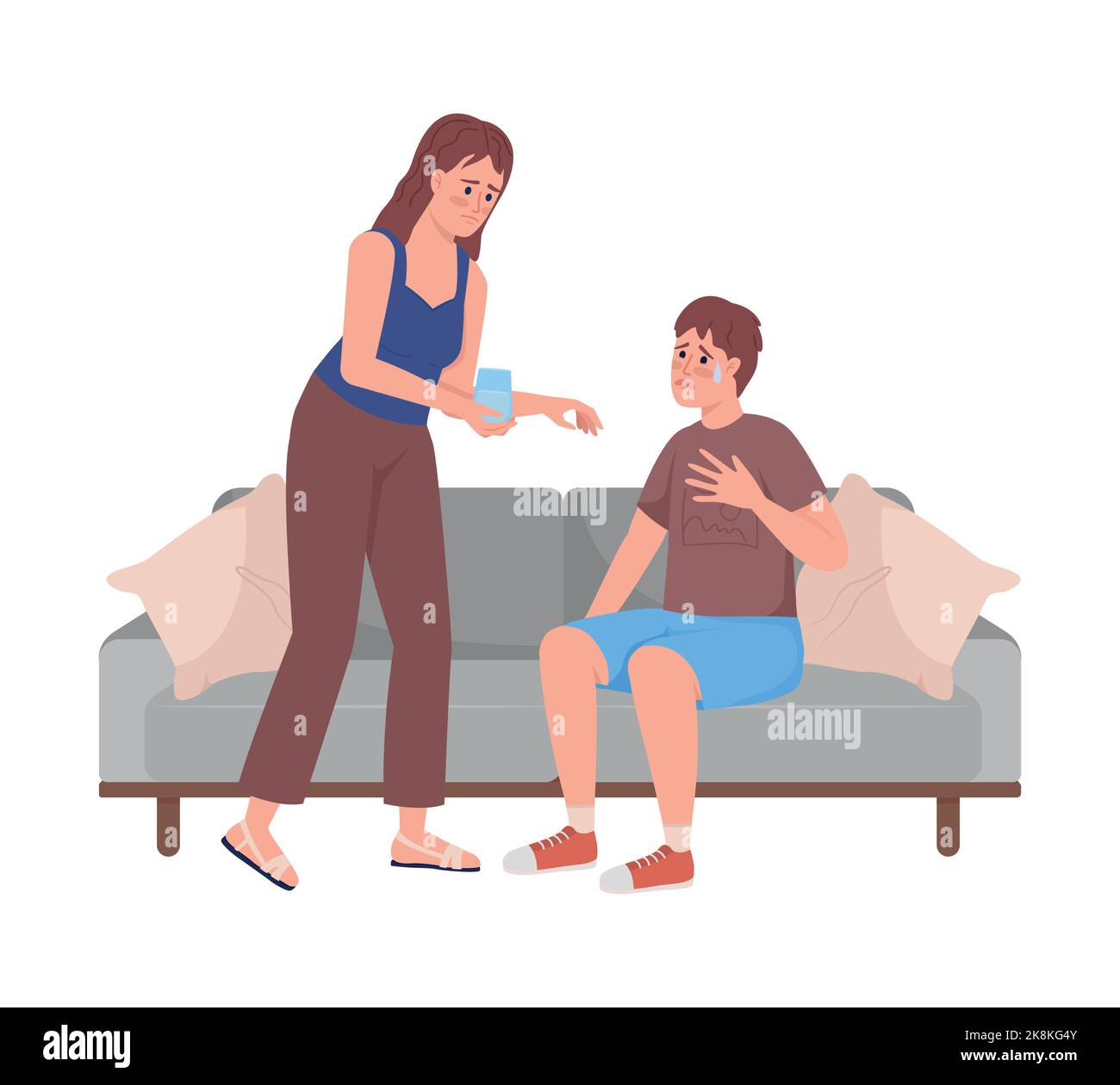 Woman giving water to crying boy semi flat color vector characters ...