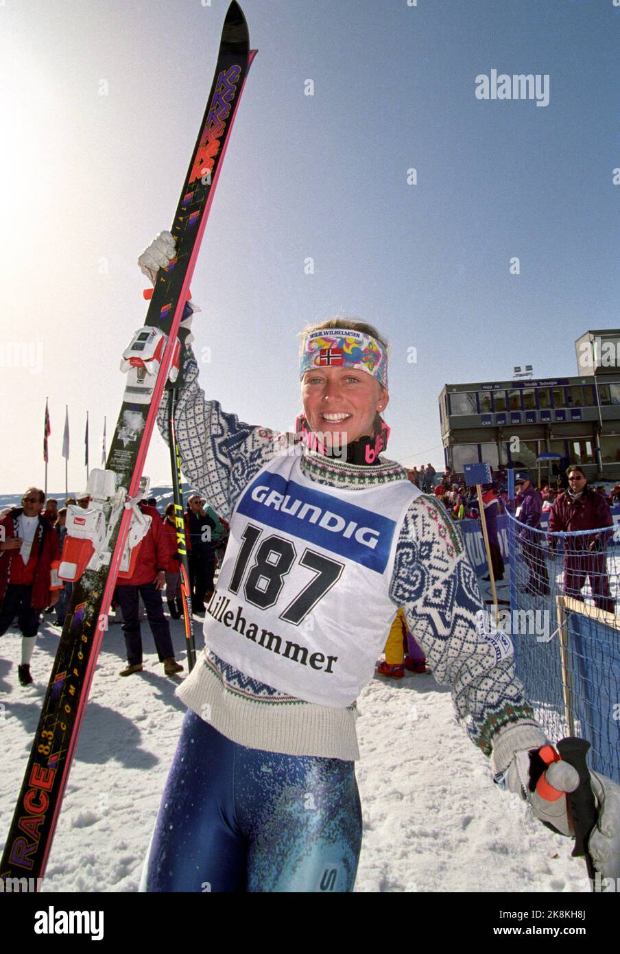 Lillehammer 19930327. Stine Lise Hattestad wins the World Cup in bullet ...
