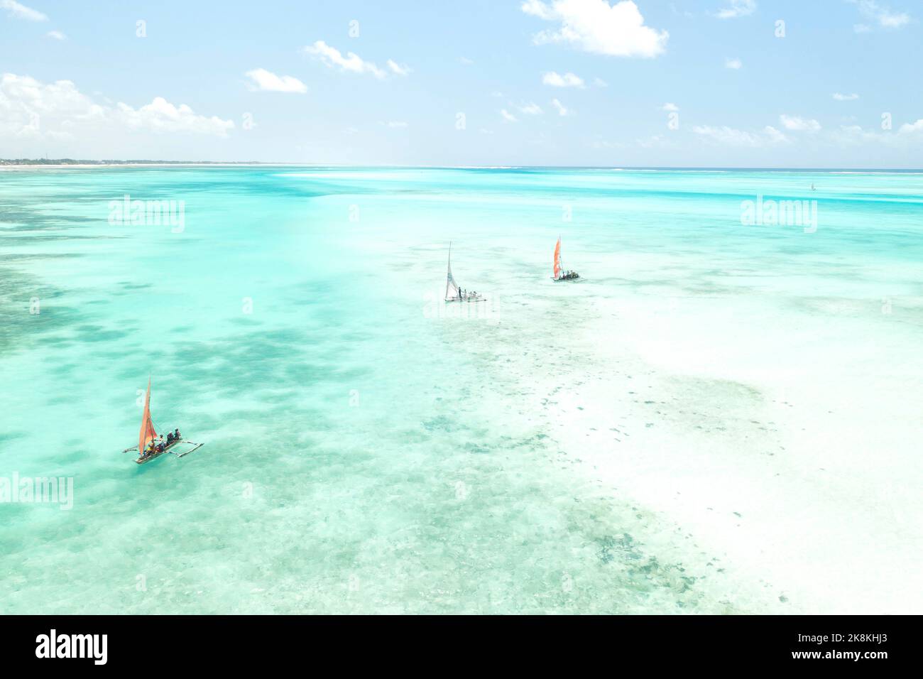 aerial view taken by drone of fisherman boat called Dhow, Zanzibar ...