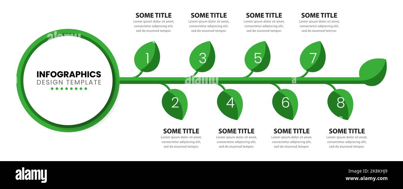 Infographic template with 8 options or steps. Green timeline. Can be ...
