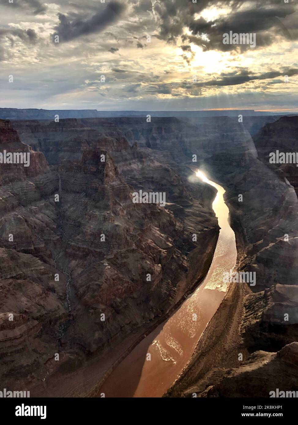 A bird's eye view of a river flowing through Grand Canyon, Arizona at ...