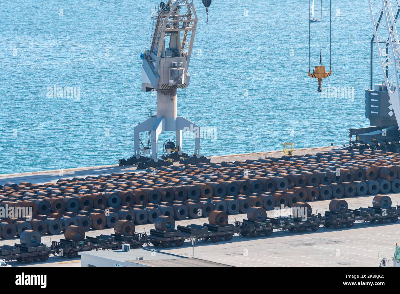 An aerial view of machineries and steel coils in the port of Setubal ...