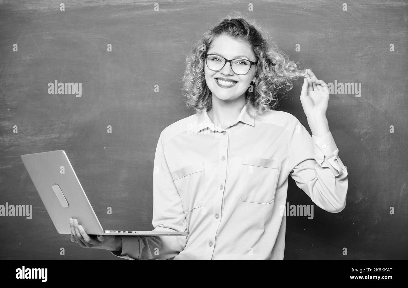 Distance learning. School teacher notebook. Girl surfing internet ...