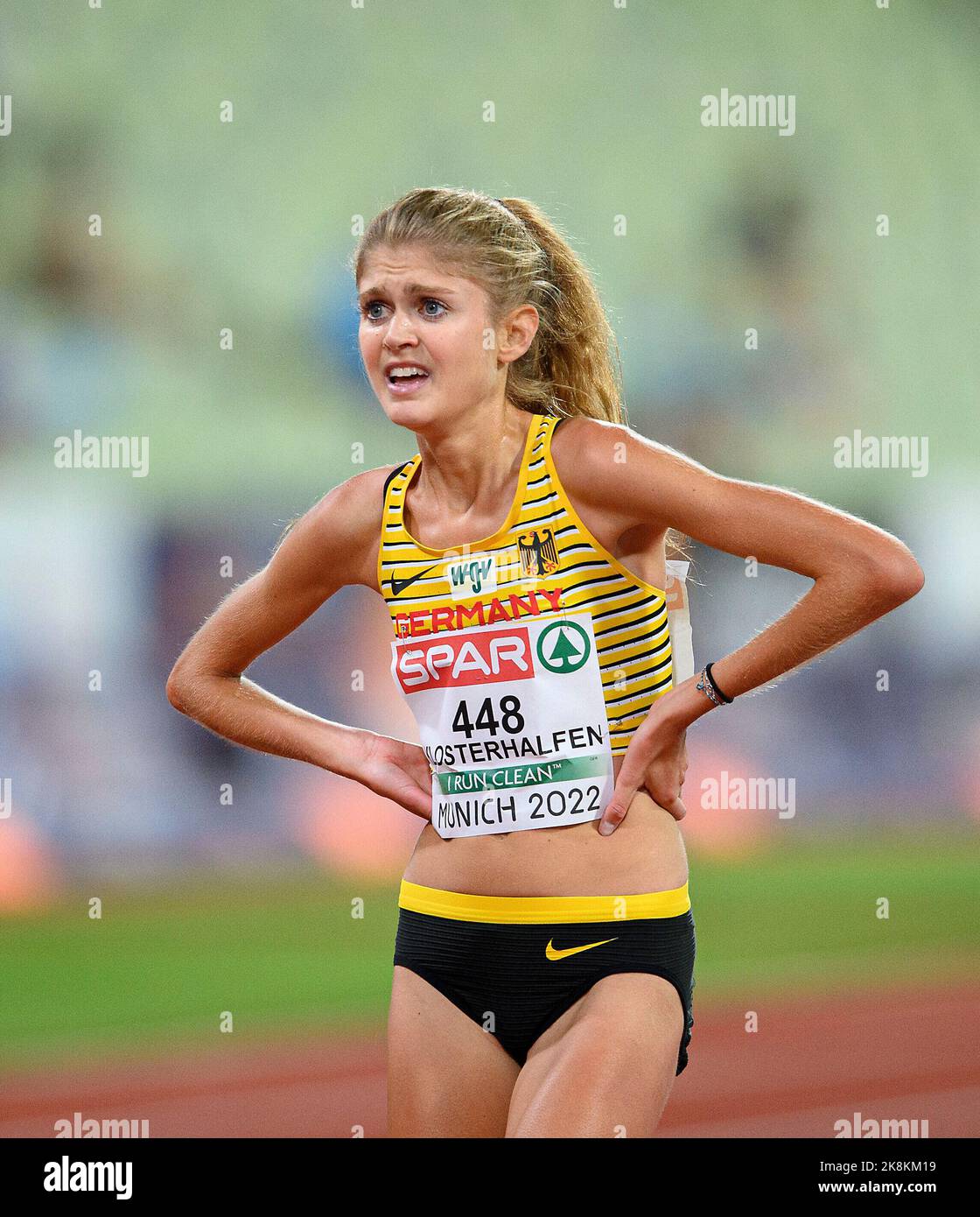 Konstanze KLOSTERHALFEN (GER/ 4th place) exhausted at the finish, 10000m women's final, on ...