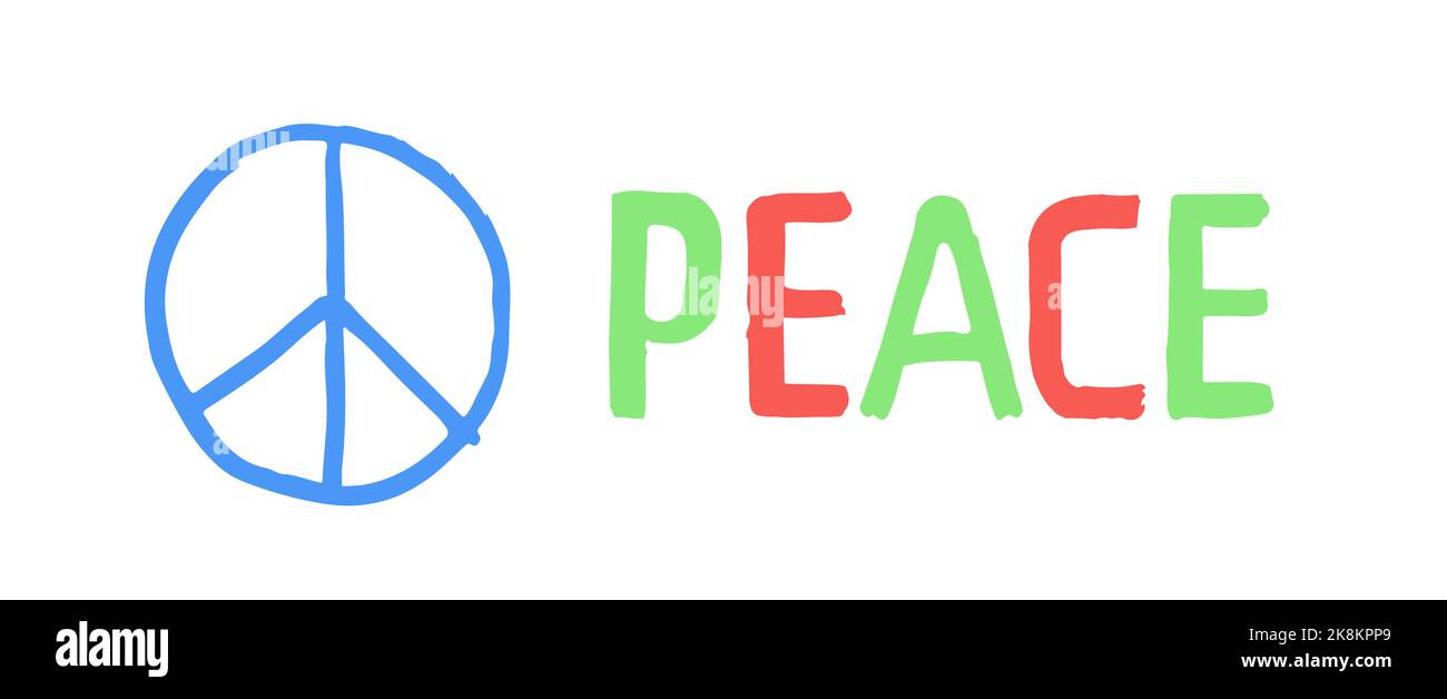 Peace text, hand drawn letters with logo, colorful vector scribbles ...