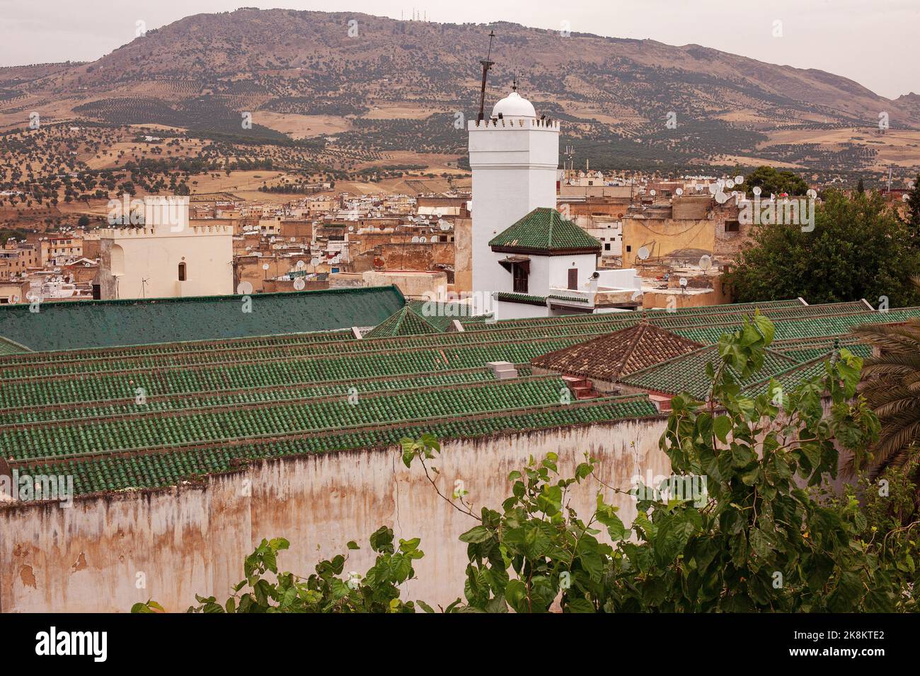 The cityscape of the Fez city, Morocco with the green roof of the ...