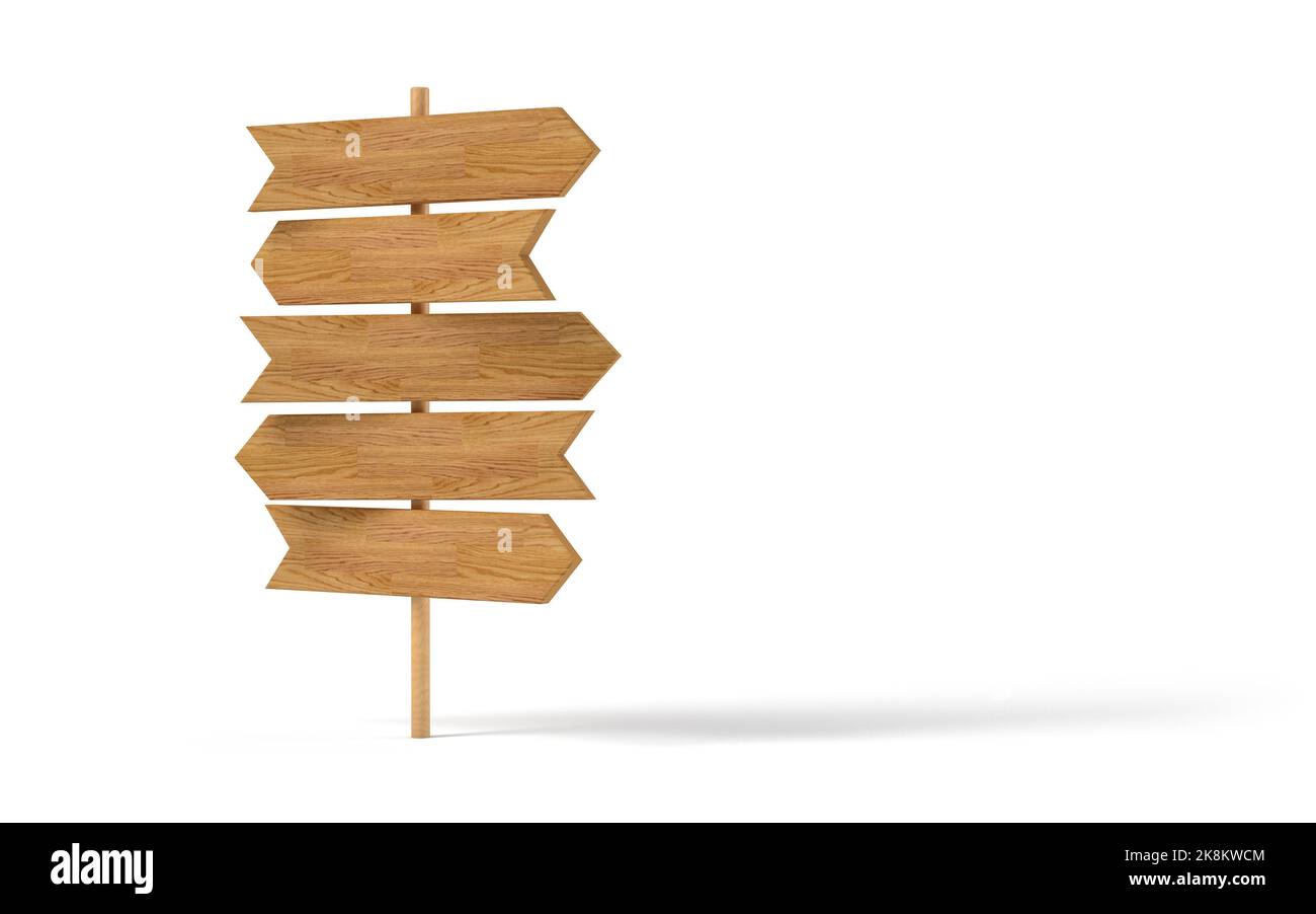 A 3D rendered wooden direction pole isolated on a white background ...