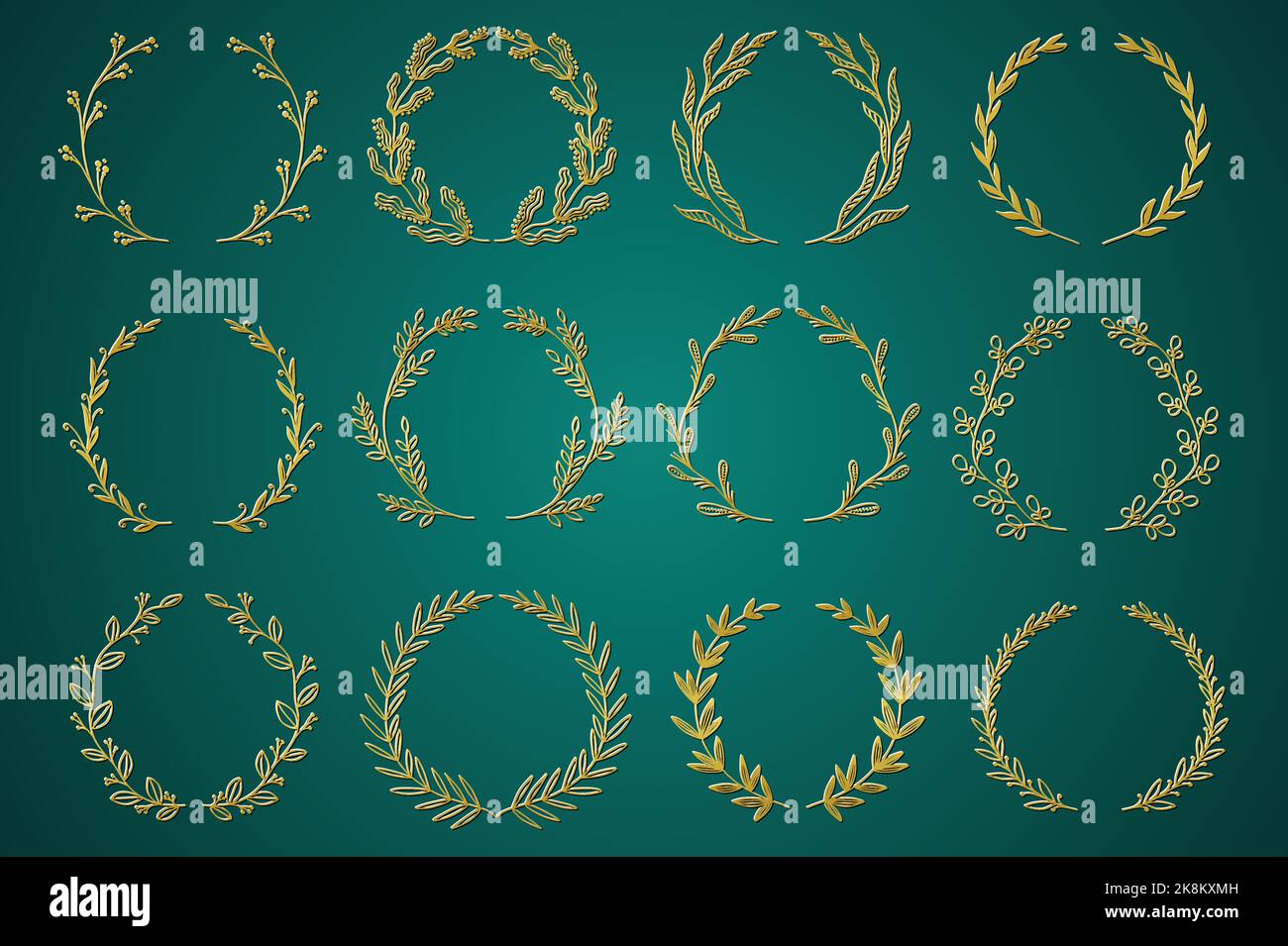 Gold ornamental branch wreathes set in hand drawn design. Laurel leaves wreath and decorative ...