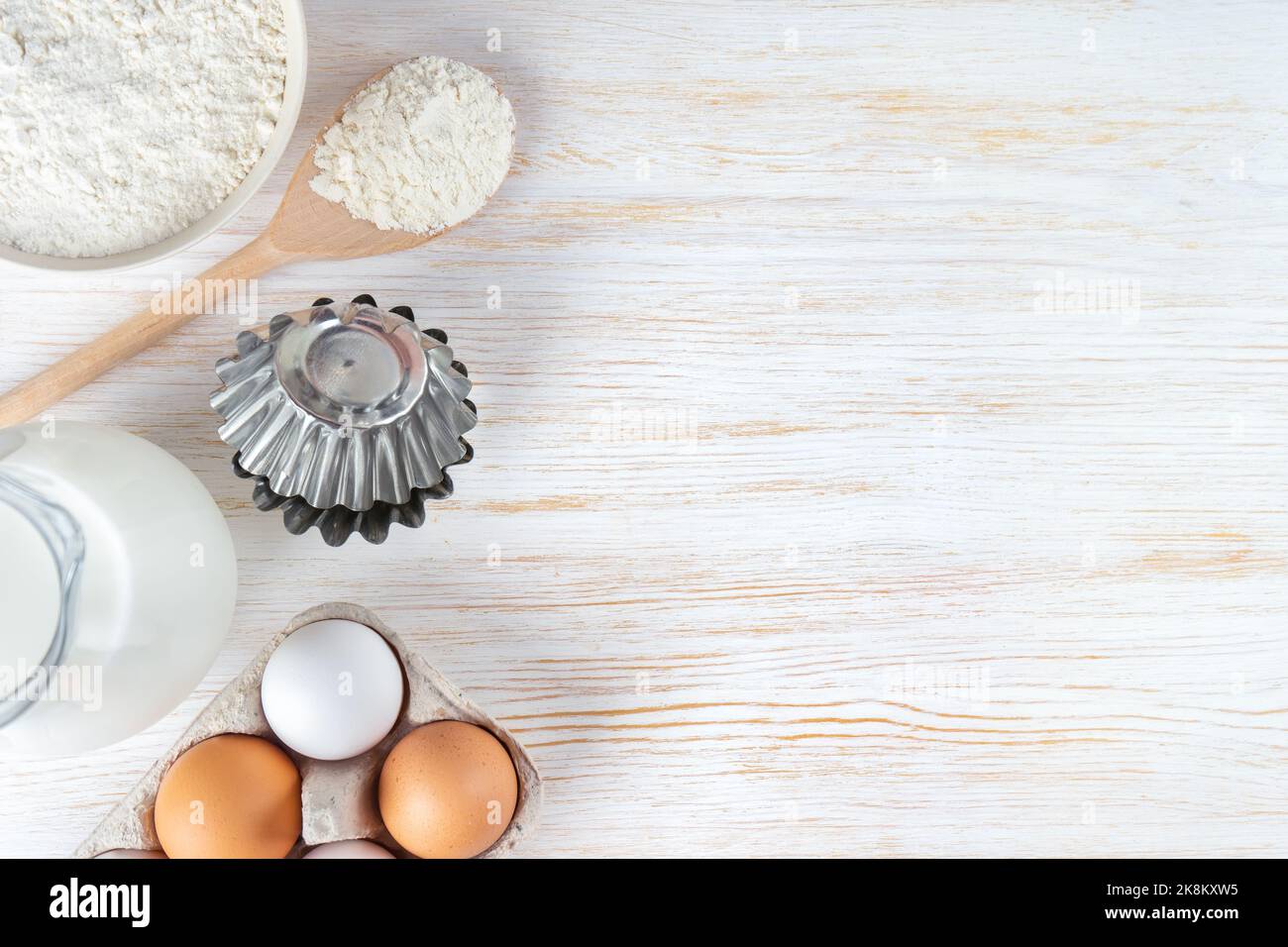 Baking cooking Ingredients background with copy space. Flour, eggs ...
