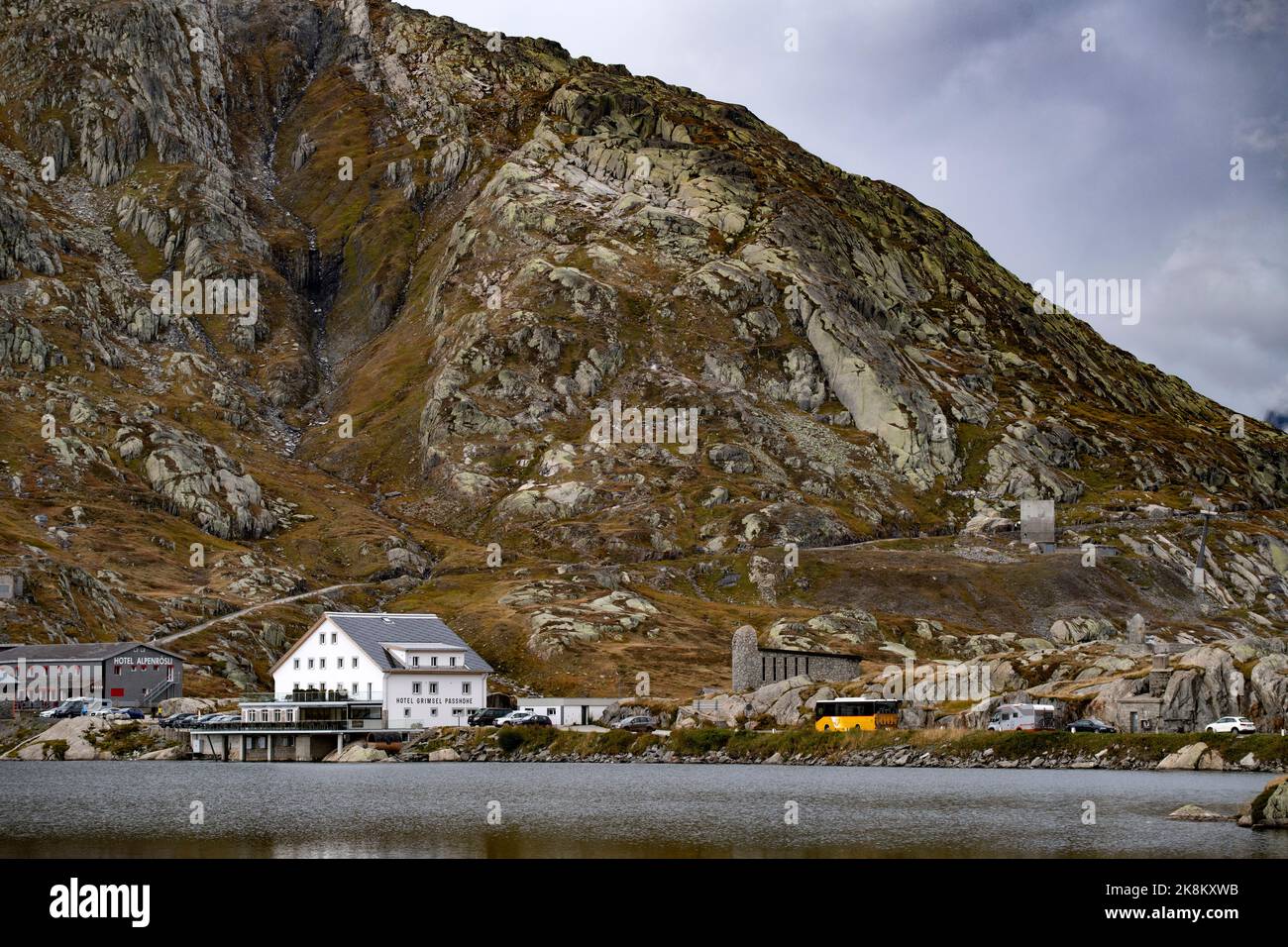 Post Bus passing the Grimselpass Hotel, Hotel Grimsel Passhöhe at ...