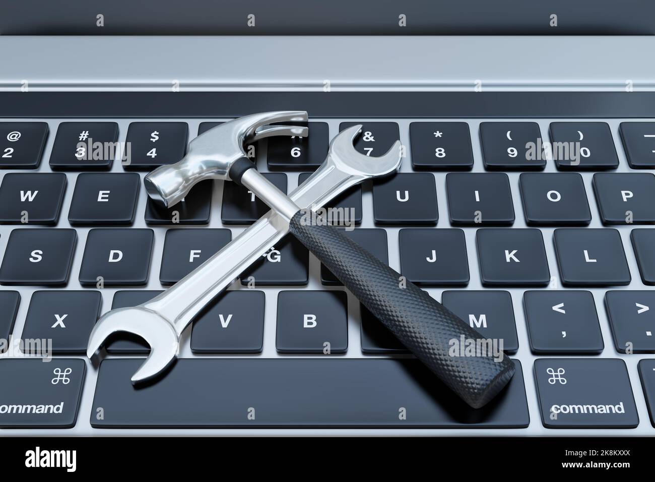 A wrench and hammer on a laptop. Illustration of the concept of ...