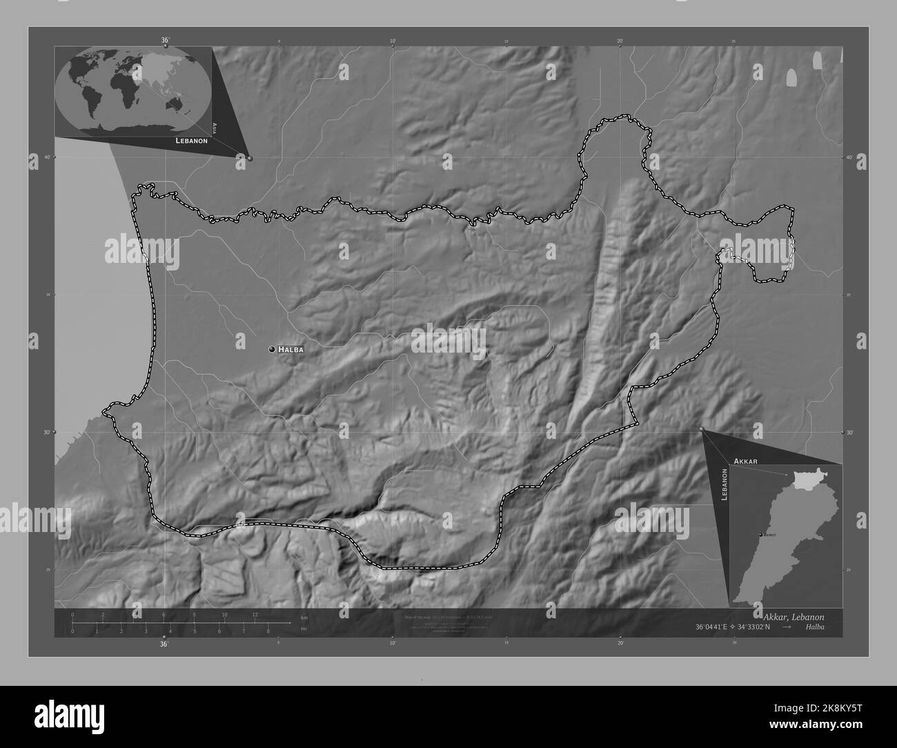 Akkar, governorate of Lebanon. Bilevel elevation map with lakes and ...