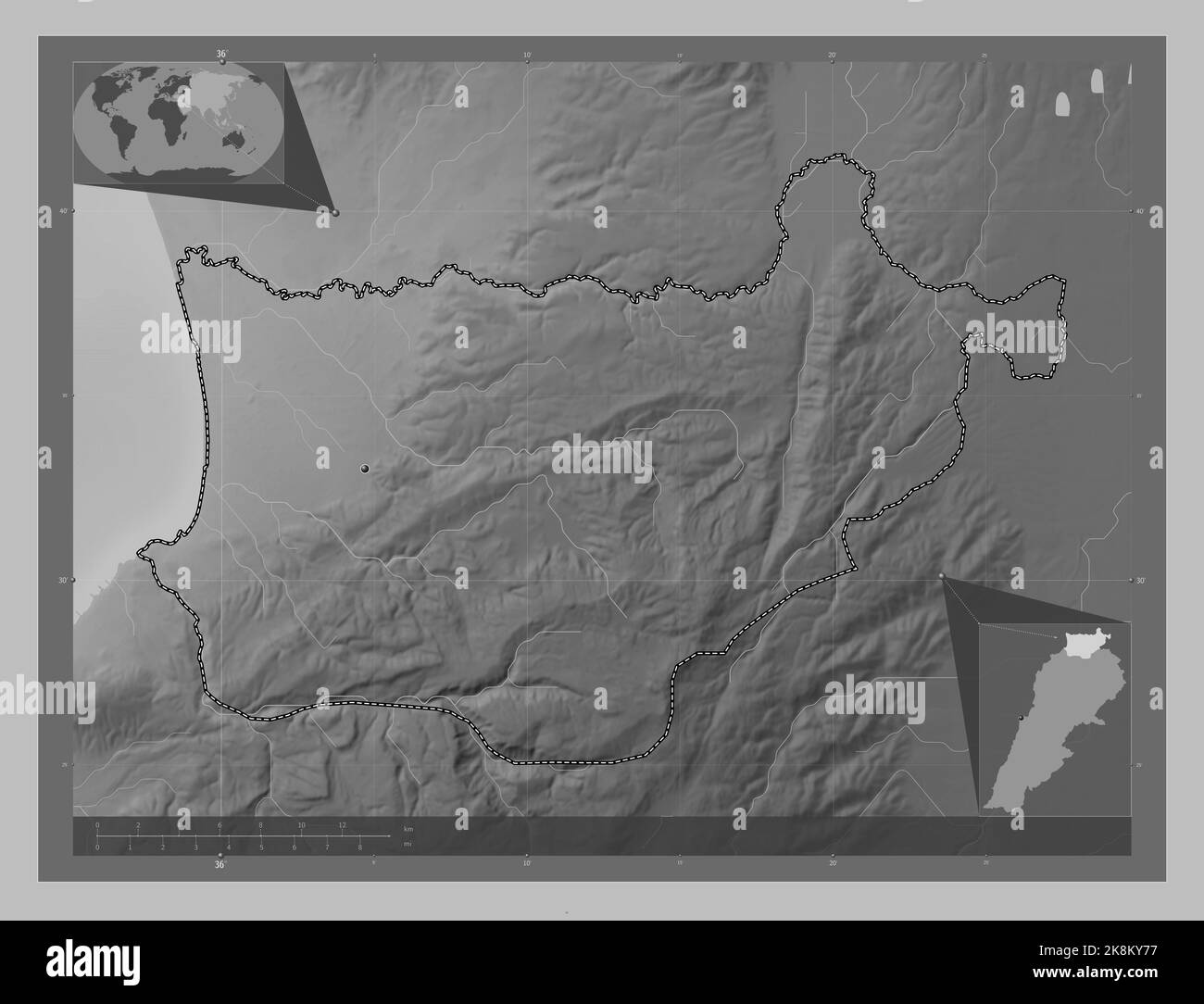 Akkar, governorate of Lebanon. Grayscale elevation map with lakes and ...