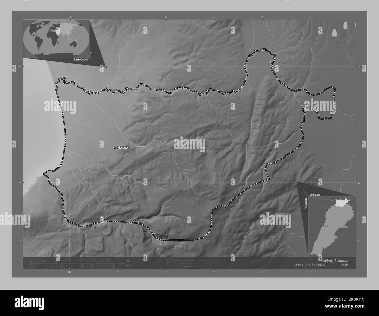 Akkar, governorate of Lebanon. Grayscale elevation map with lakes and ...