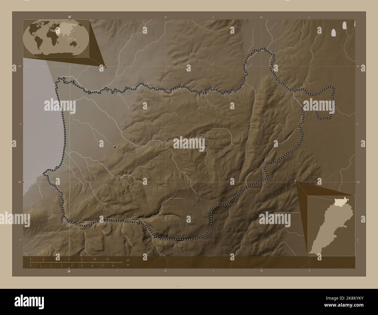 Akkar, governorate of Lebanon. Elevation map colored in sepia tones ...