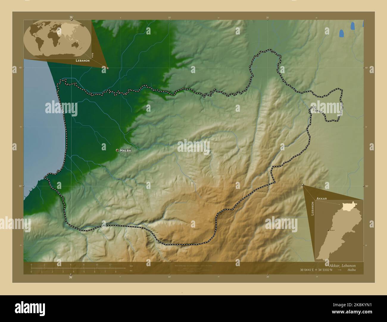 Akkar, governorate of Lebanon. Colored elevation map with lakes and ...