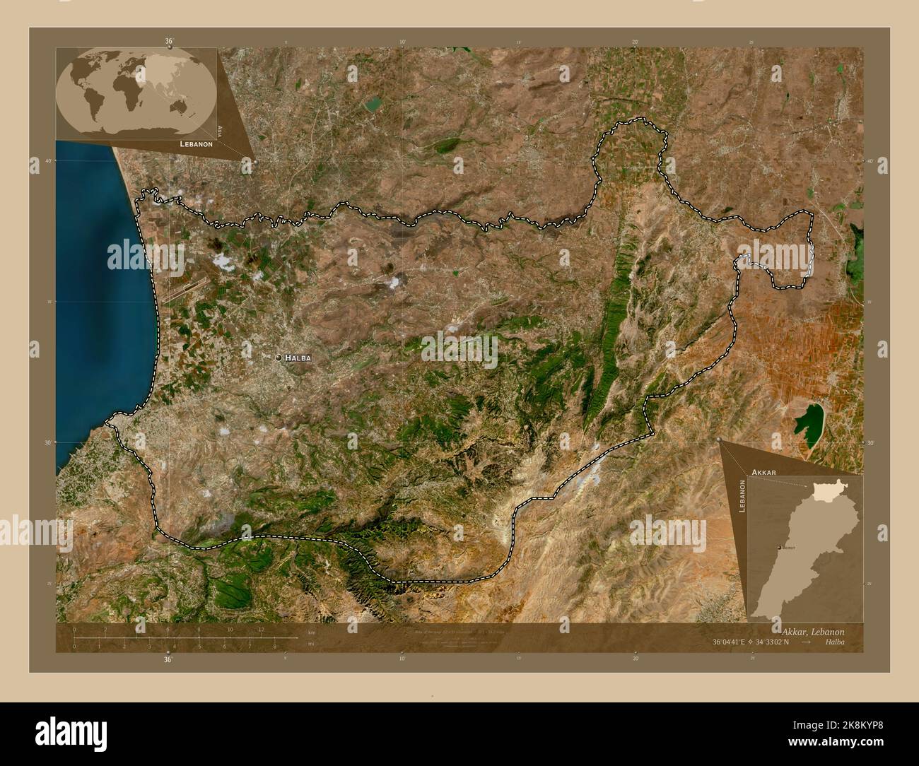 Akkar, governorate of Lebanon. Low resolution satellite map. Locations ...