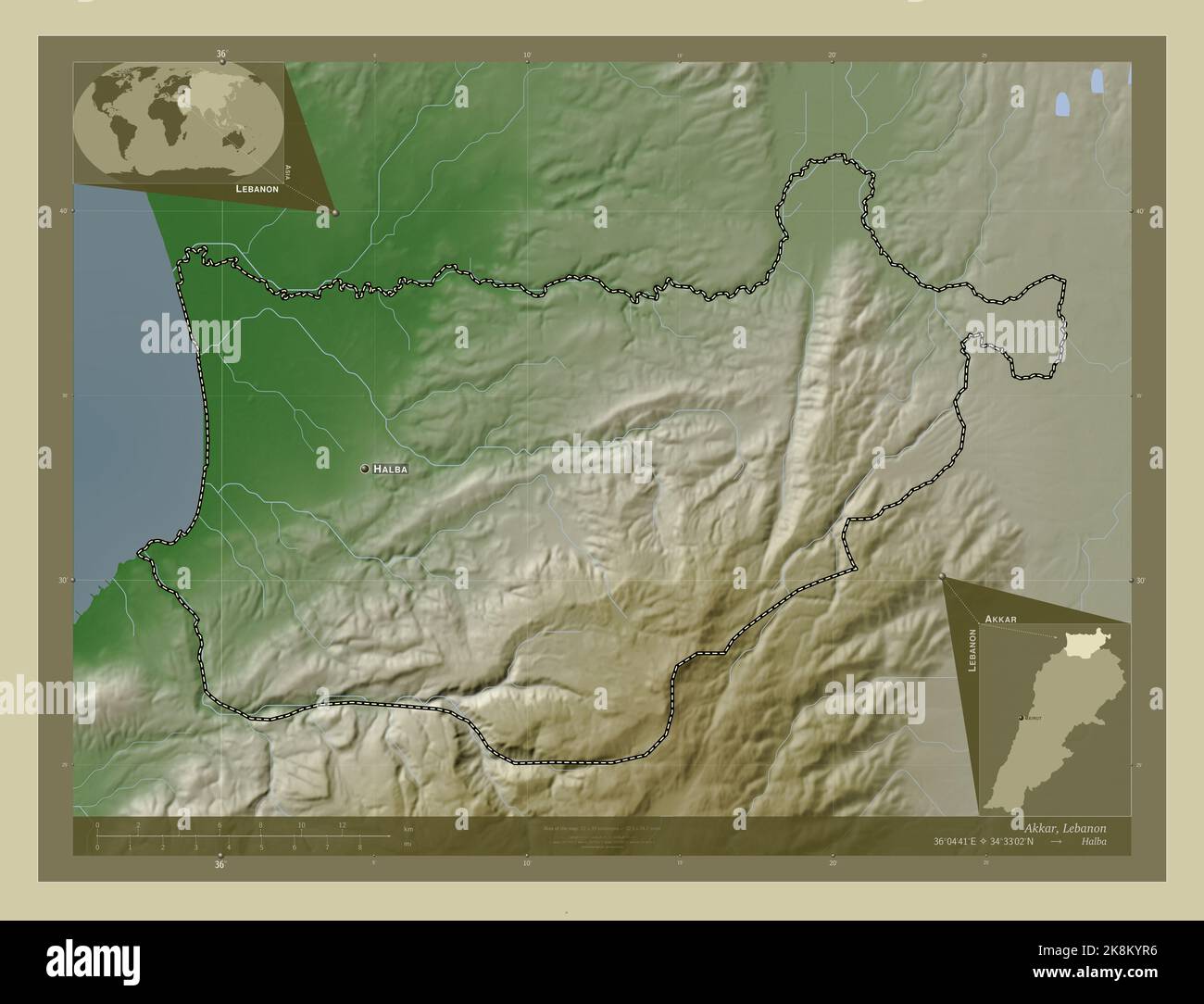 Akkar, governorate of Lebanon. Elevation map colored in wiki style with ...