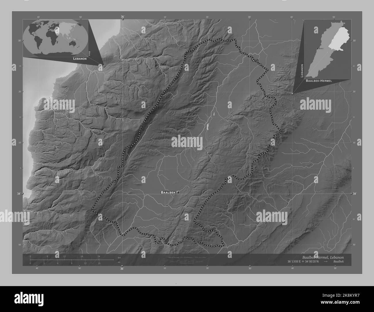 Baalbek-Hermel, governorate of Lebanon. Grayscale elevation map with ...