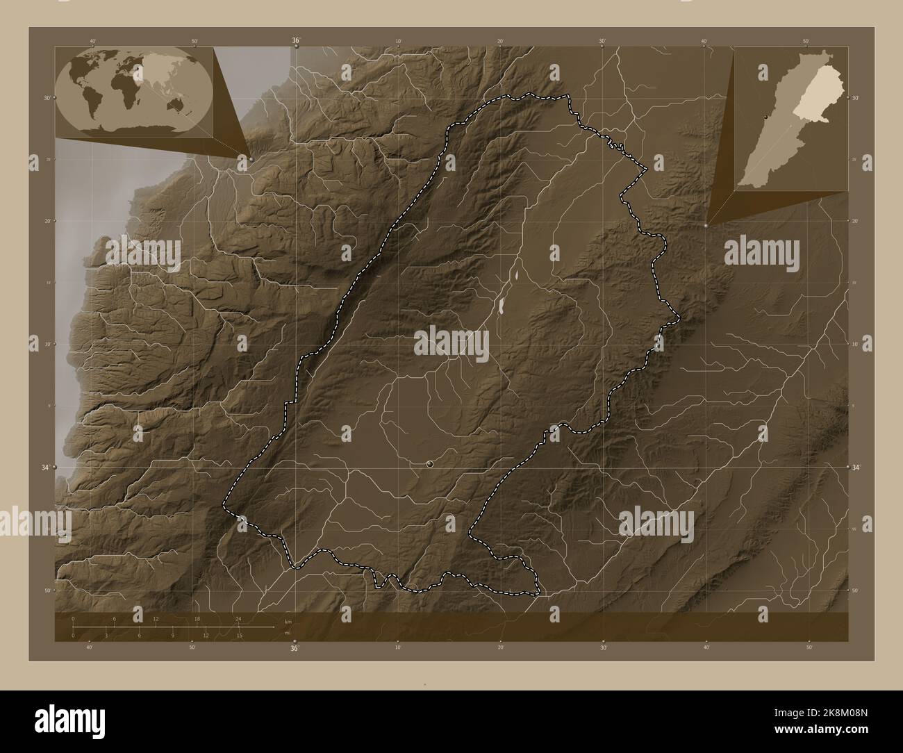 Baalbek-Hermel, governorate of Lebanon. Elevation map colored in sepia ...